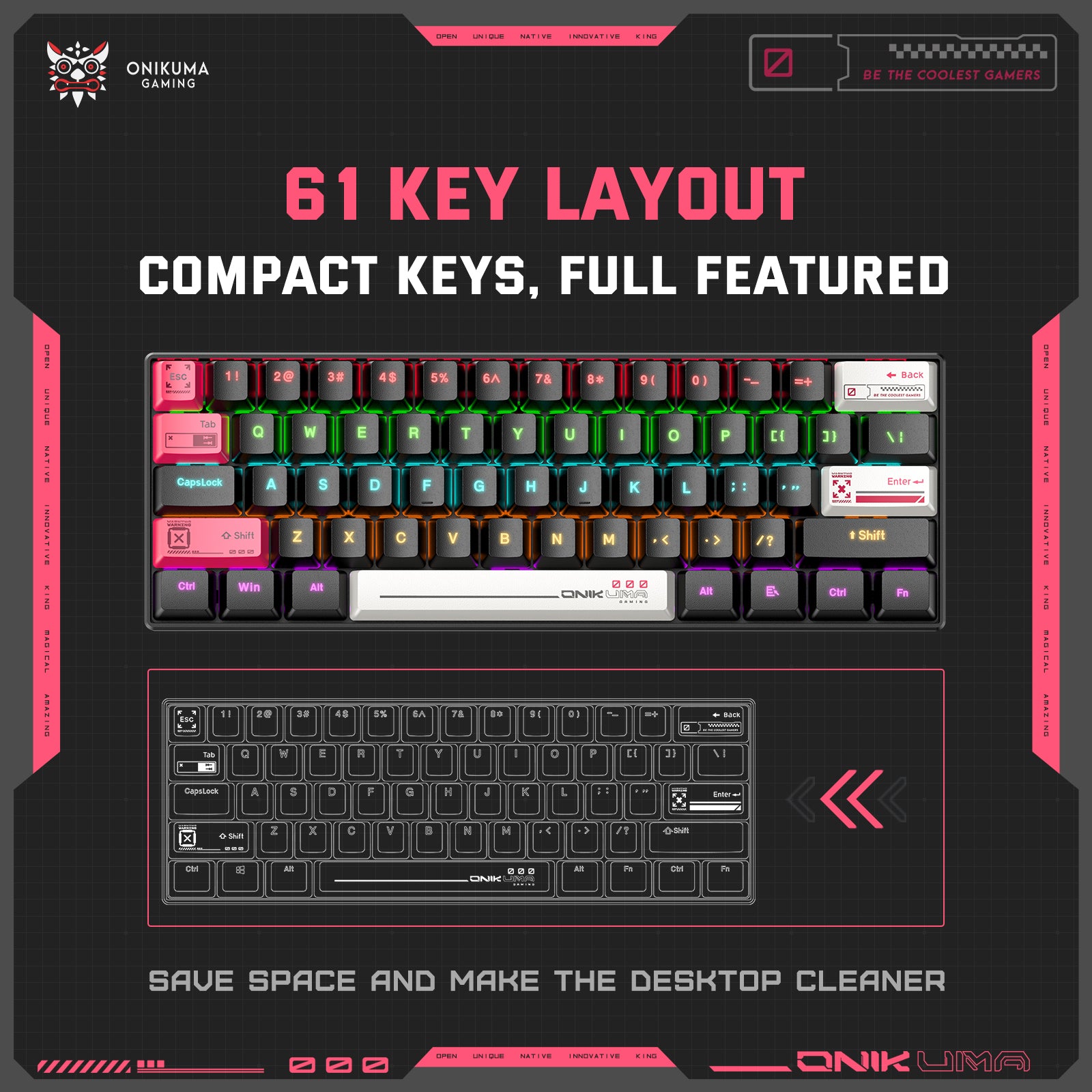 Onikuma G55 gaming mechanical keyboard - 61 key compact RGB keyboard ...