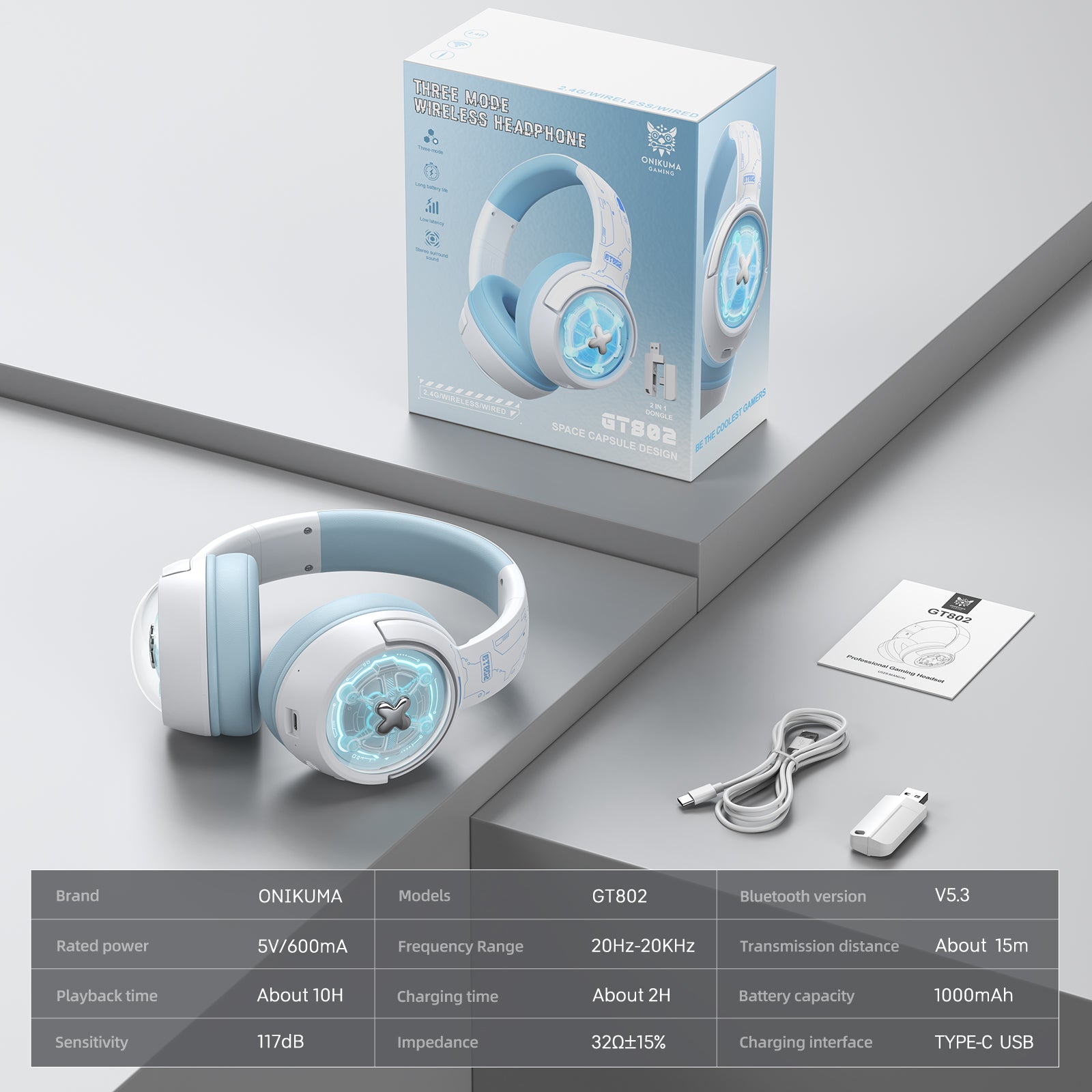 ONIKUMA GT802 Tri-Mode Gaming Headset – 2.4GHz/Bluetooth/Wired, RGB Li ...