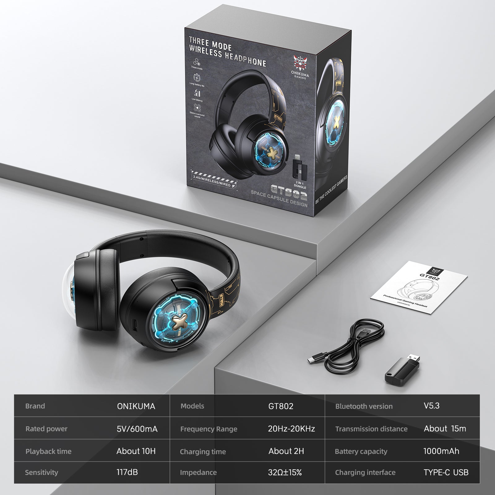 ONIKUMA GT802 Tri-Mode Gaming Headset – 2.4GHz/Bluetooth/Wired, RGB Li – Onikuma Gaming