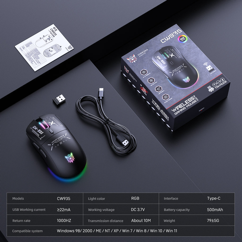 ONIKUMA CW935 Triple-Mode Ergonomic Wireless Gaming Mouse with 6 DPI S ...