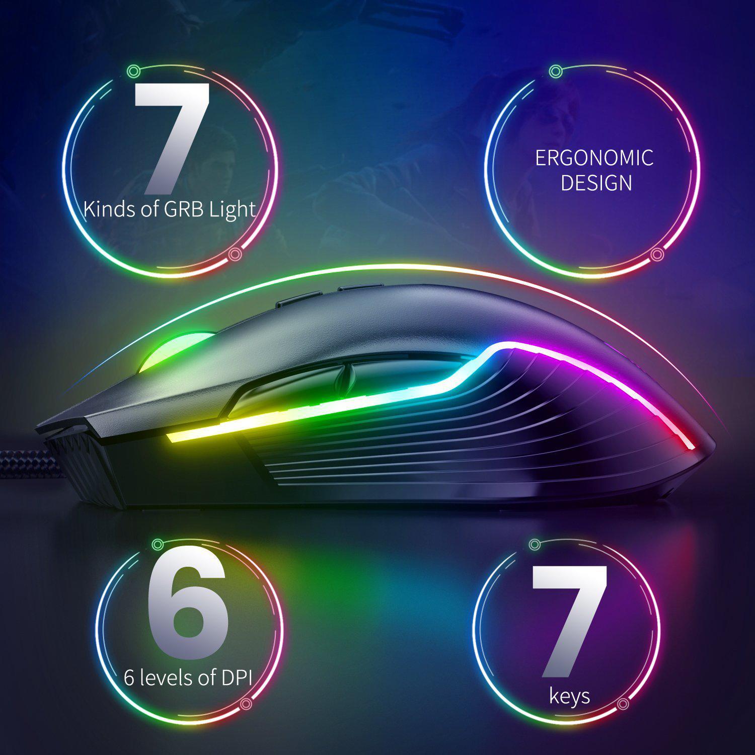 ONIKUMA CW905 6400 DPI Wired Gaming Mouse with Breathing LED Colors ...